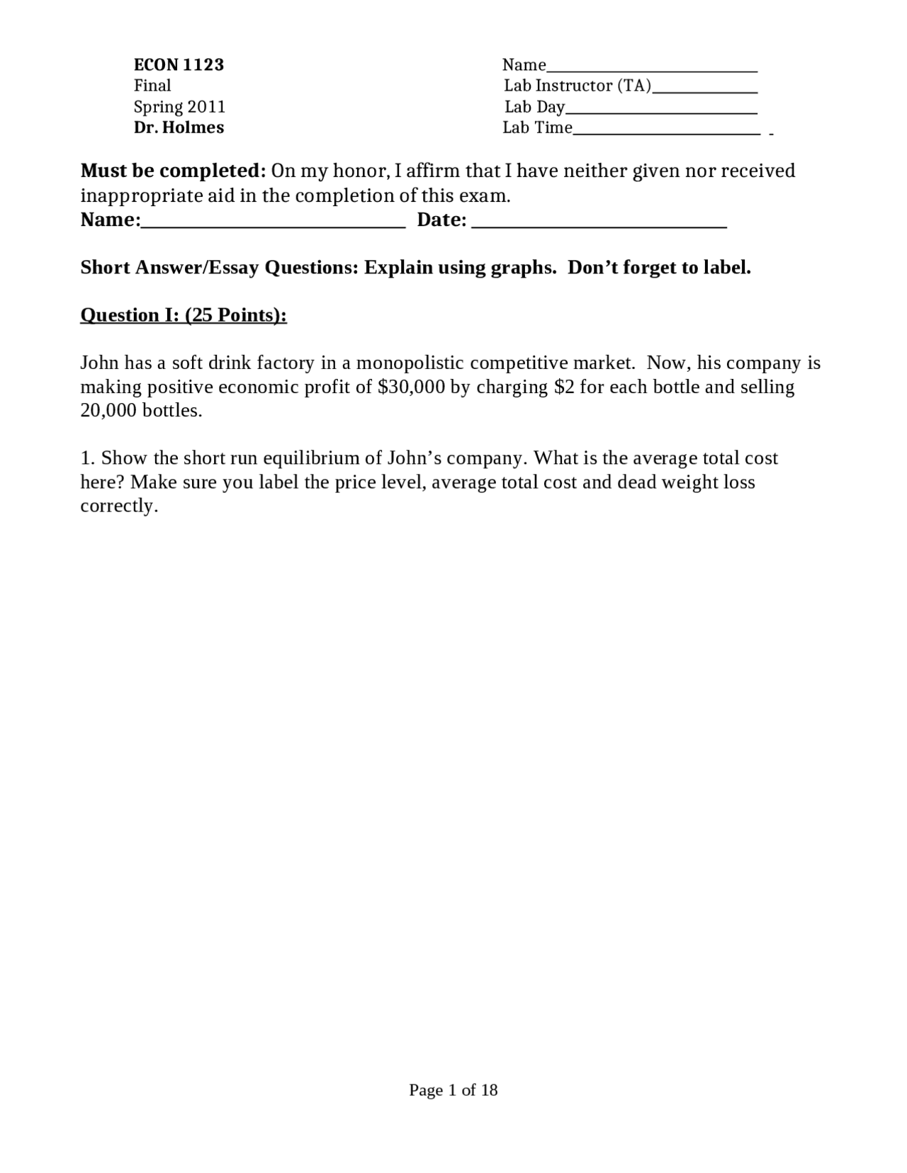 Principles Of Microeconomics Final Exam Questions Econ 1123 Docsity