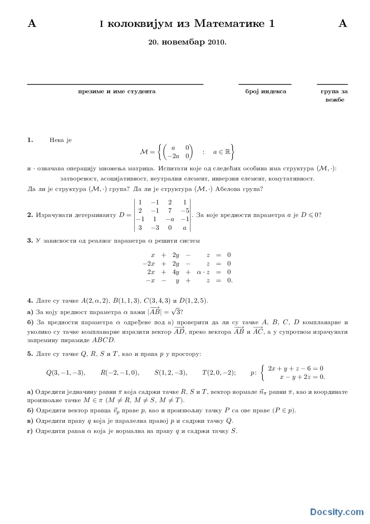 Kolokvijum za sve grupe novembar 2009-Ispit-Matematika 1-Fakultet organizacionih nauka | Ispiti ...