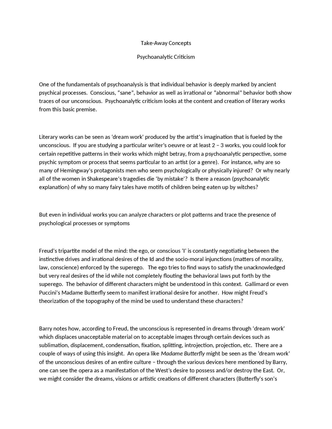 Take Away Concepts Psychoanalytic Criticism E 341 Docsity