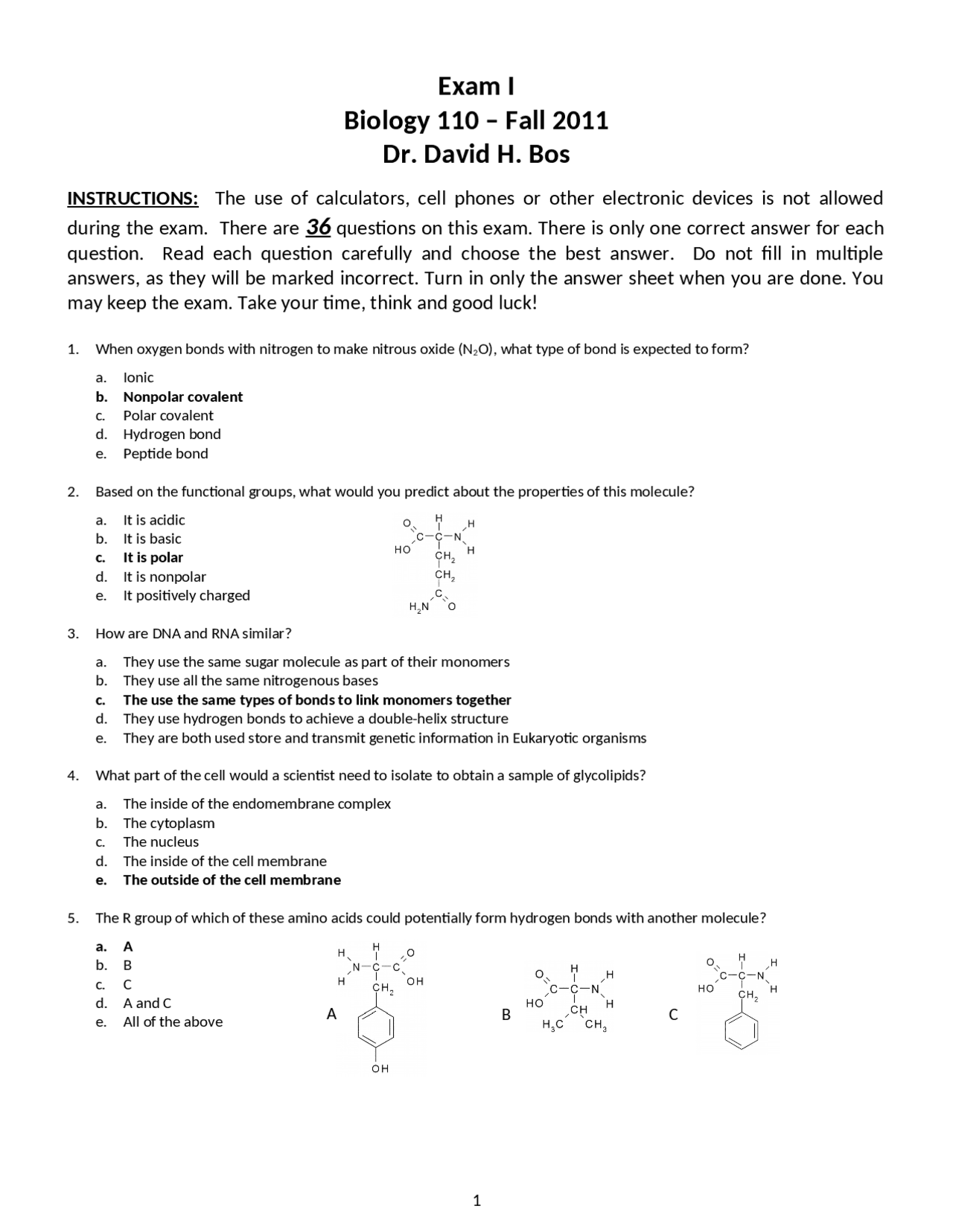 36 Questions on Fundamentals Of Biology I with Answer key | BIOL 11000 ...
