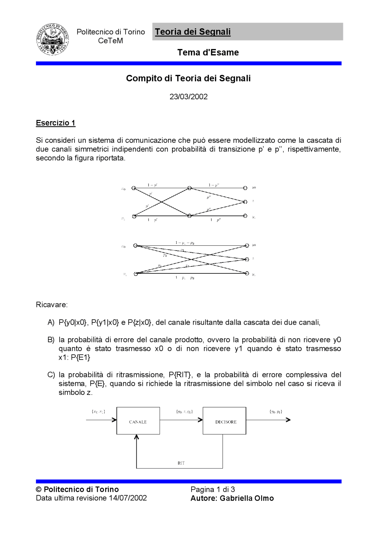 Esame Teoria Dei Segnali 2332002 Politecnico Di Torino Docsity