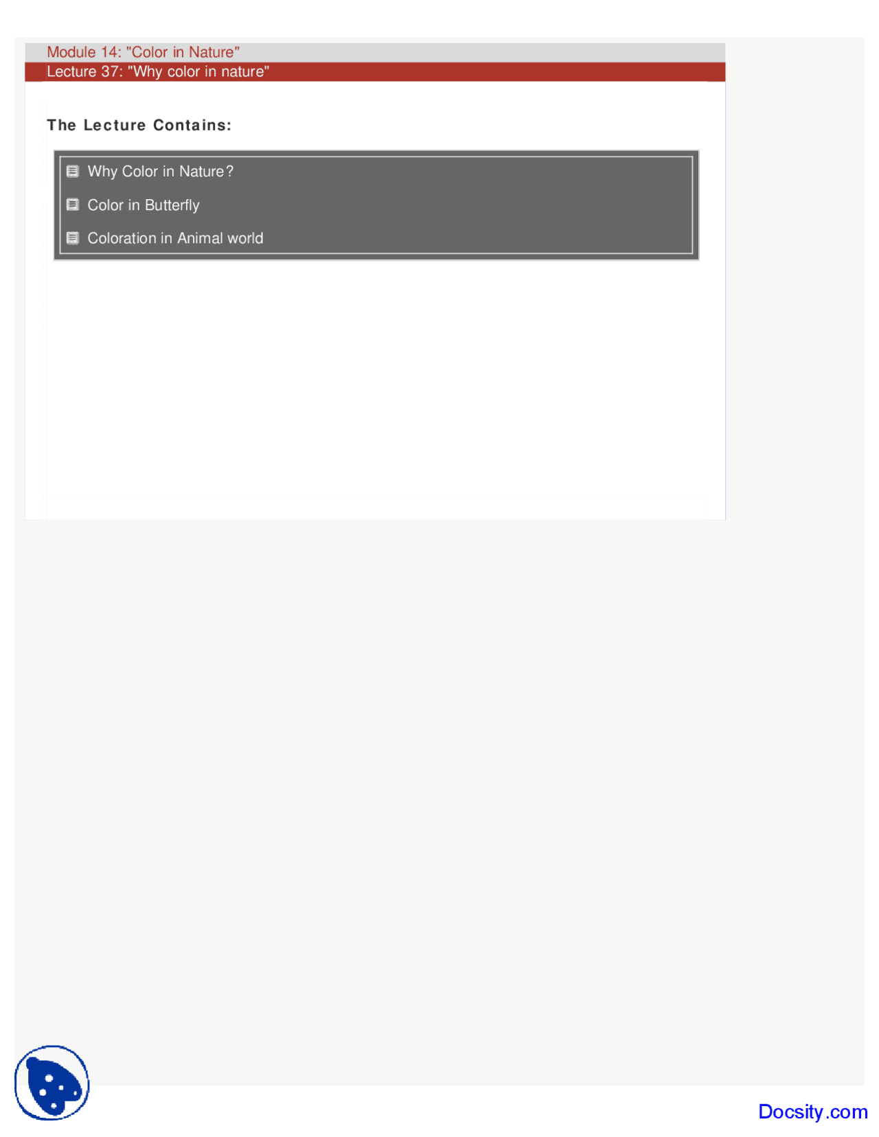 Color in Nature - Humanities and Social Sciences - Lecture Slides - Docsity