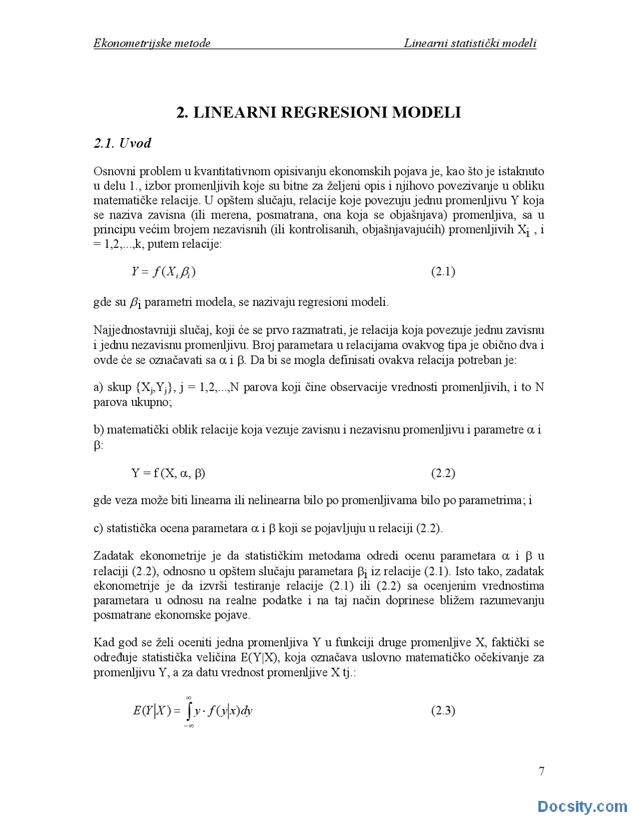 Linearni Regresioni Modeli Skripta Ekonometrijske Metode Fakultet