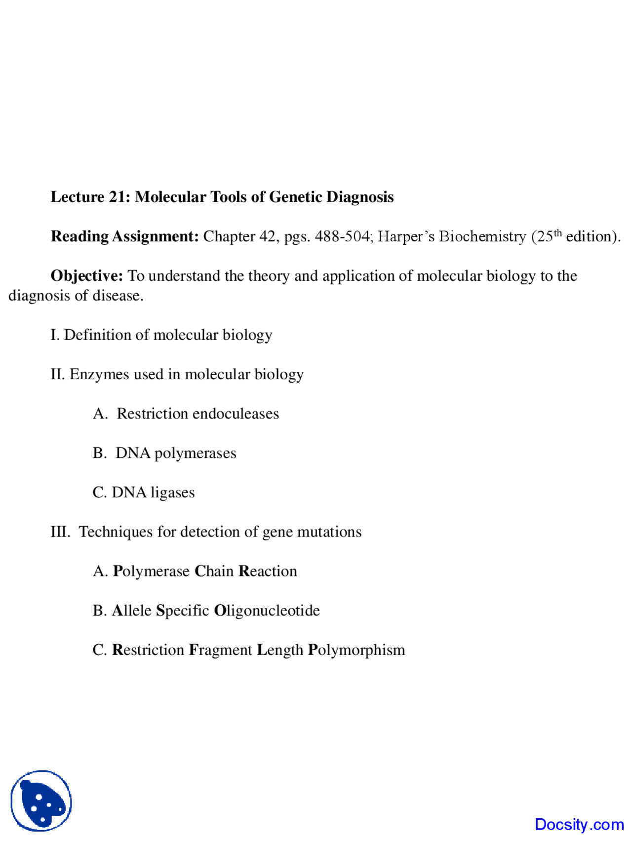 Molecular Tools Of Genetic Diagnosis Biochemistry Assignment Docsity
