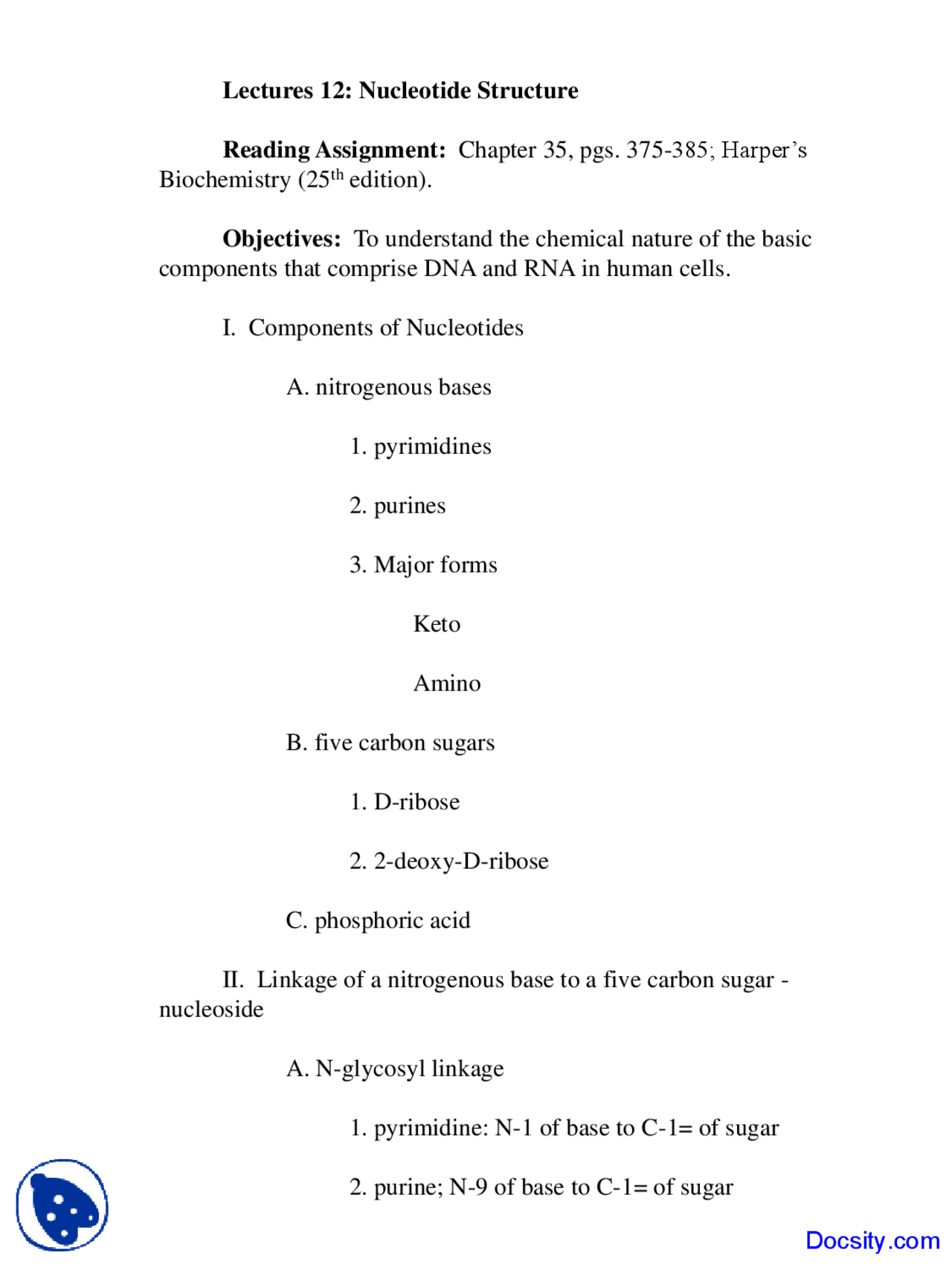Nucleotide Structure Biochemistry Assignment Docsity