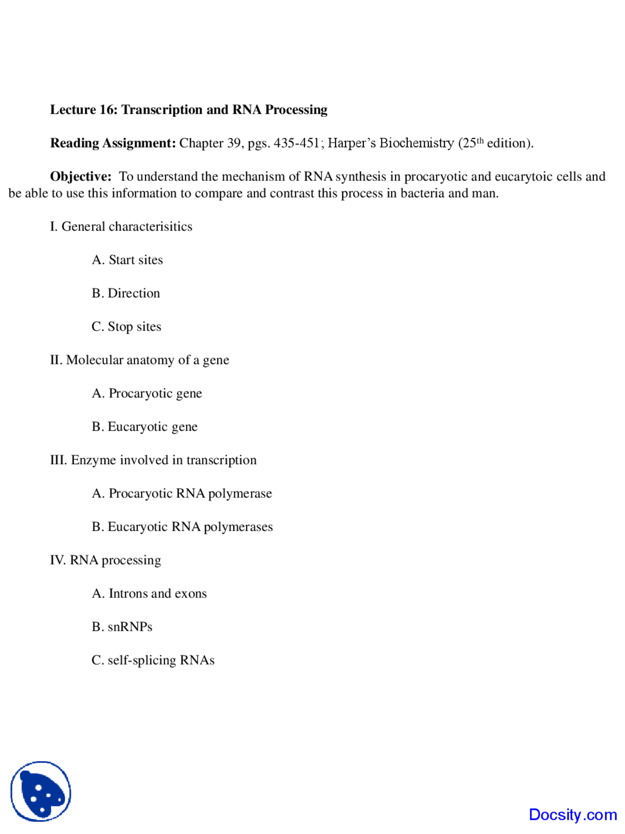 Transcription And Rna Processing Biochemistry Assignment Docsity