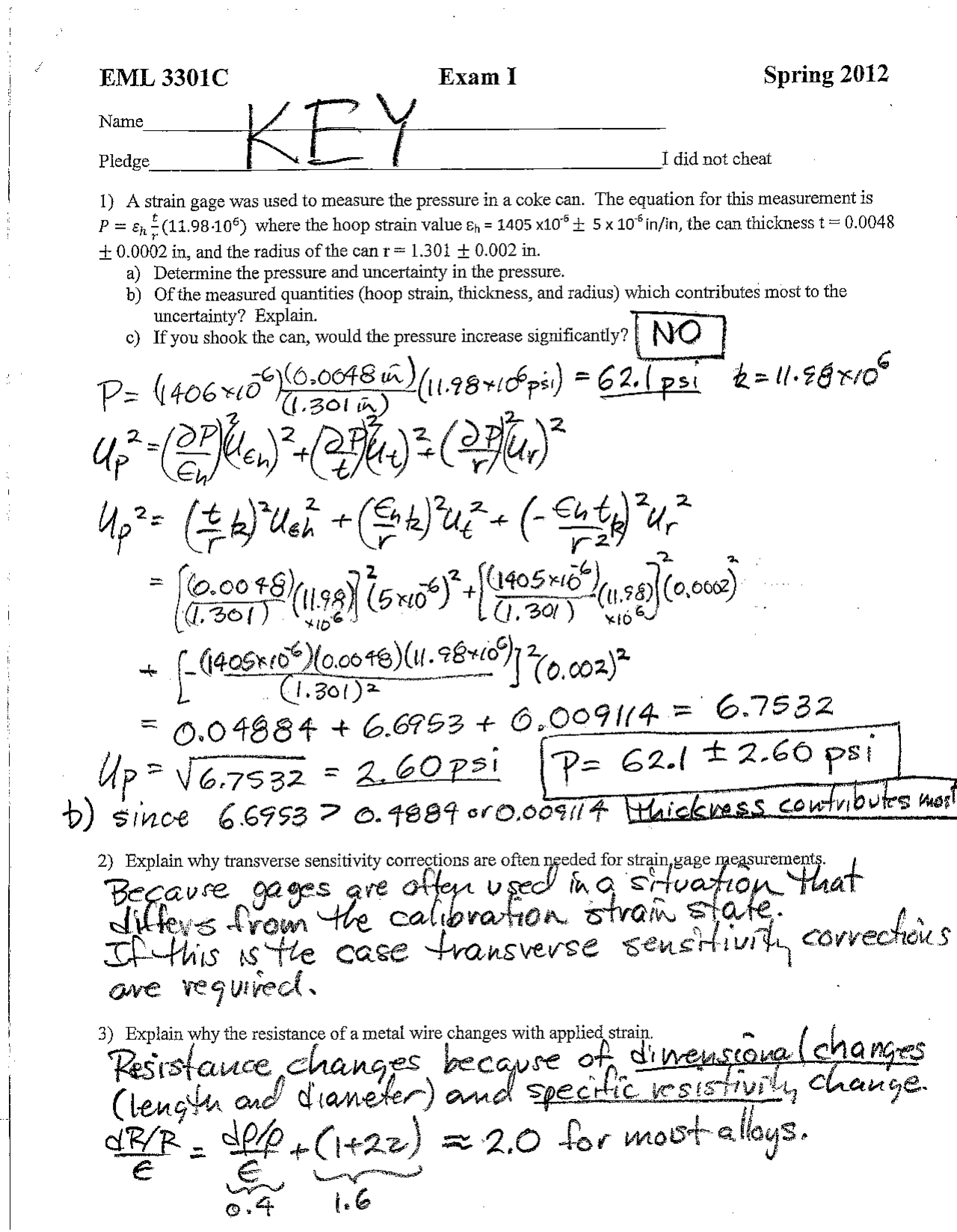 Mechanics of Materials Lab - Exam Answer Solutions | EML 3301C | Exams Mechanical Engineering ...