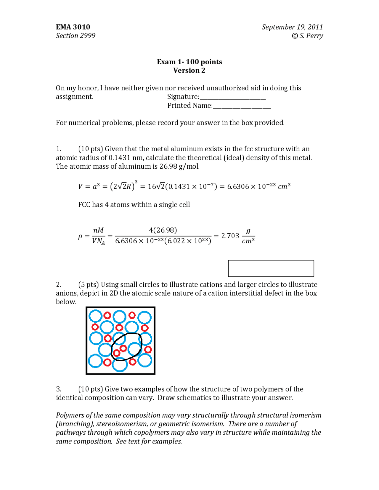 Exam 1, Version 2 for Materials | EMA 3010 - Docsity