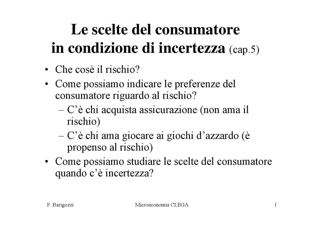 Le Scelte Del Consumatore In Condizione Di Incertezza Appunti Di