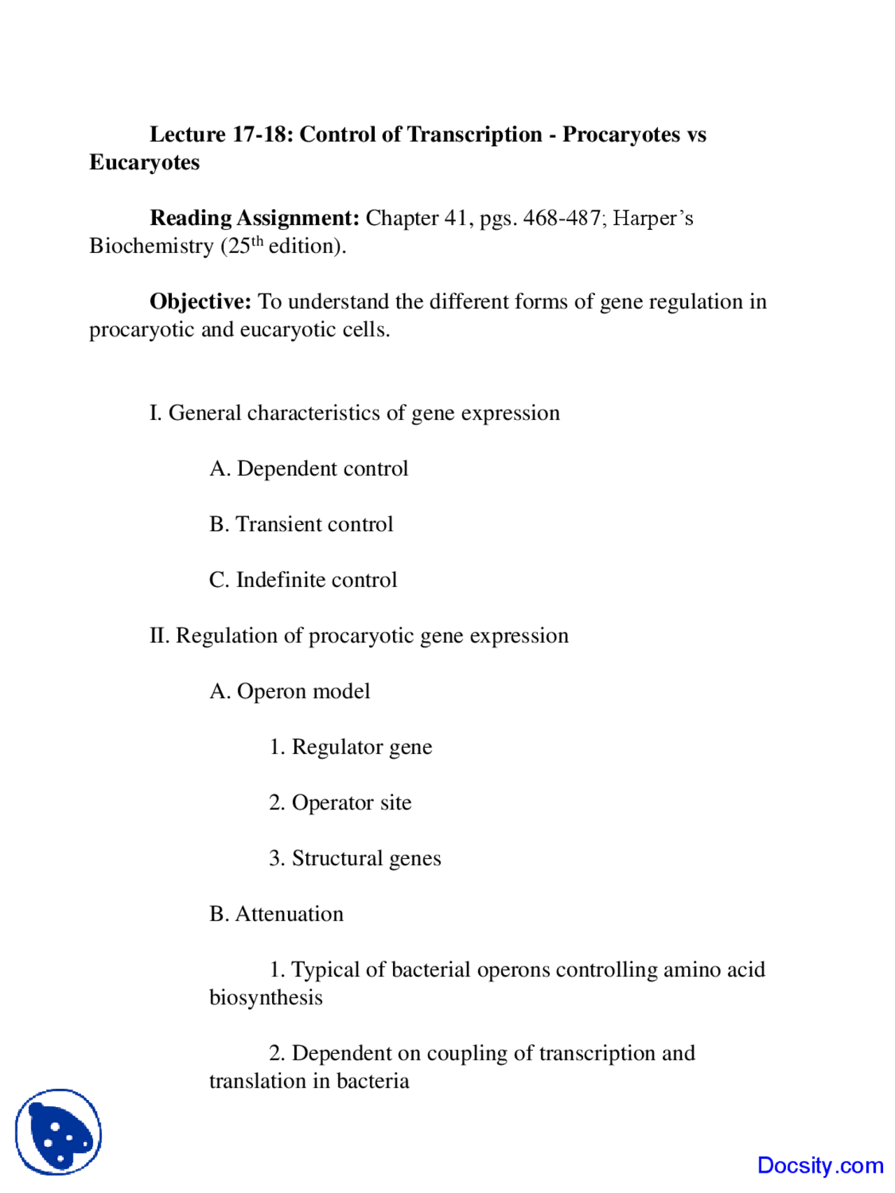 Control Of Transcription Biochemistry Assignment Docsity