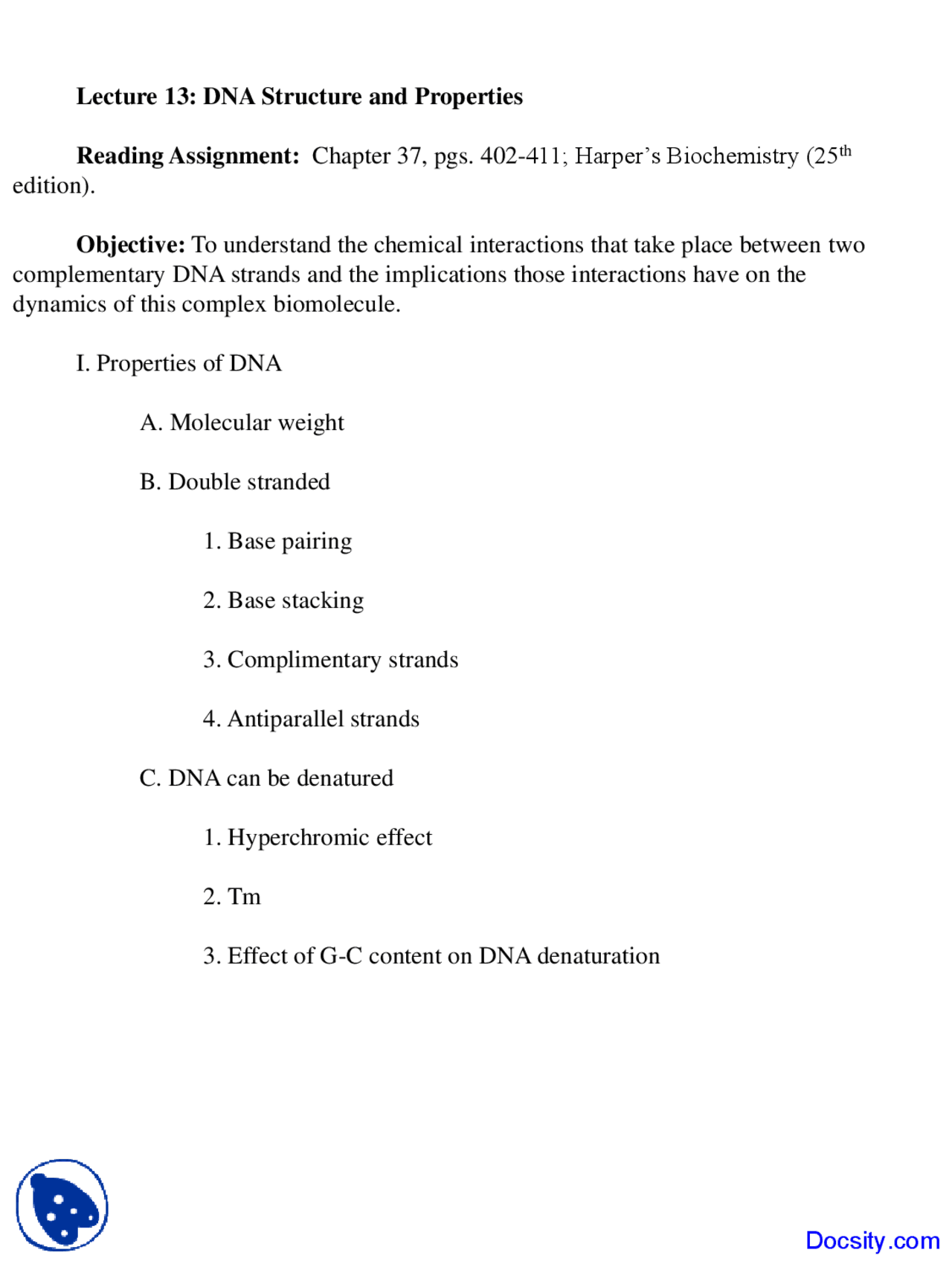 Dna Structure And Properties Biochemistry Assignment Docsity