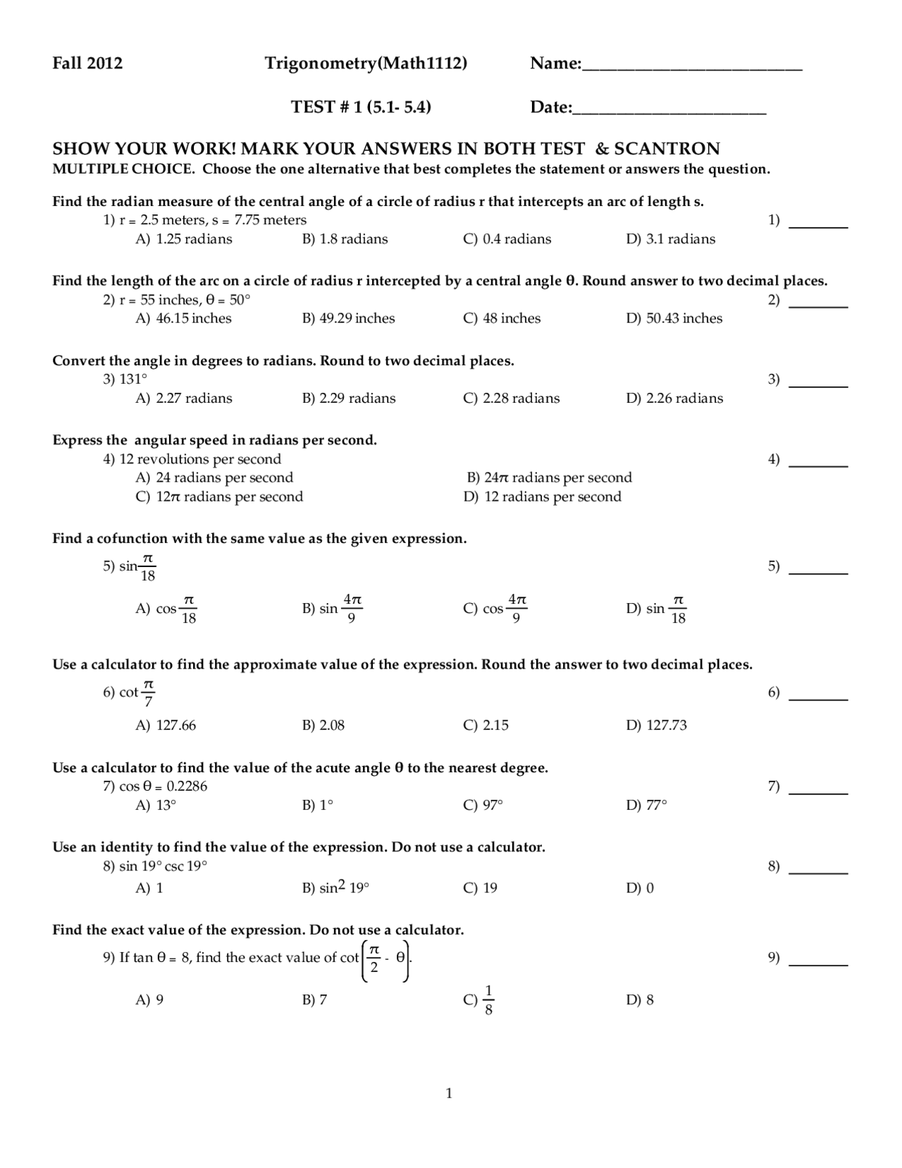 Practice Test 1 Trigonometry Fall 2012 Math 1112 Docsity