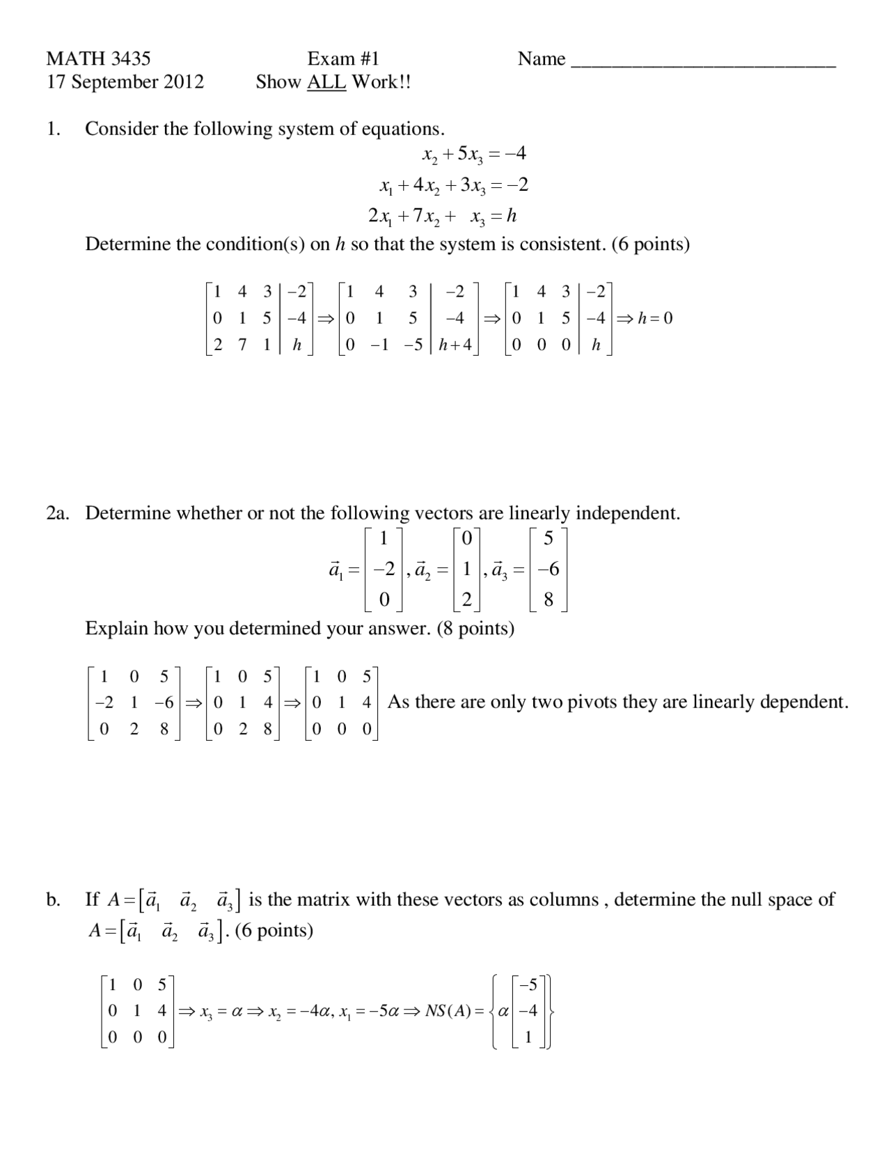 Exam 1 With Questions Introductory Linear Algebra Math 3435 Docsity
