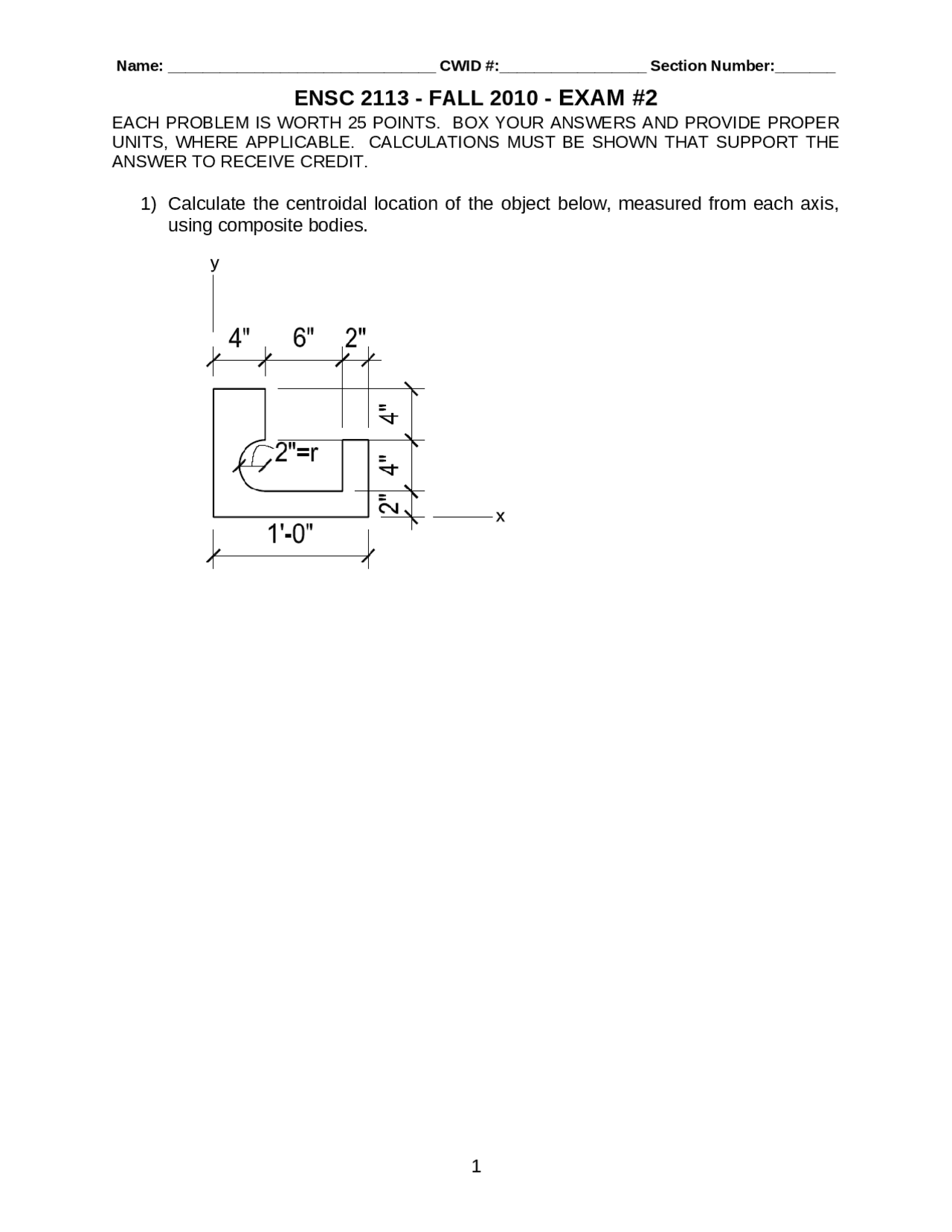 Exam 2 With 4 Questions For Statics Fall 2010 Ensc 2113 Docsity