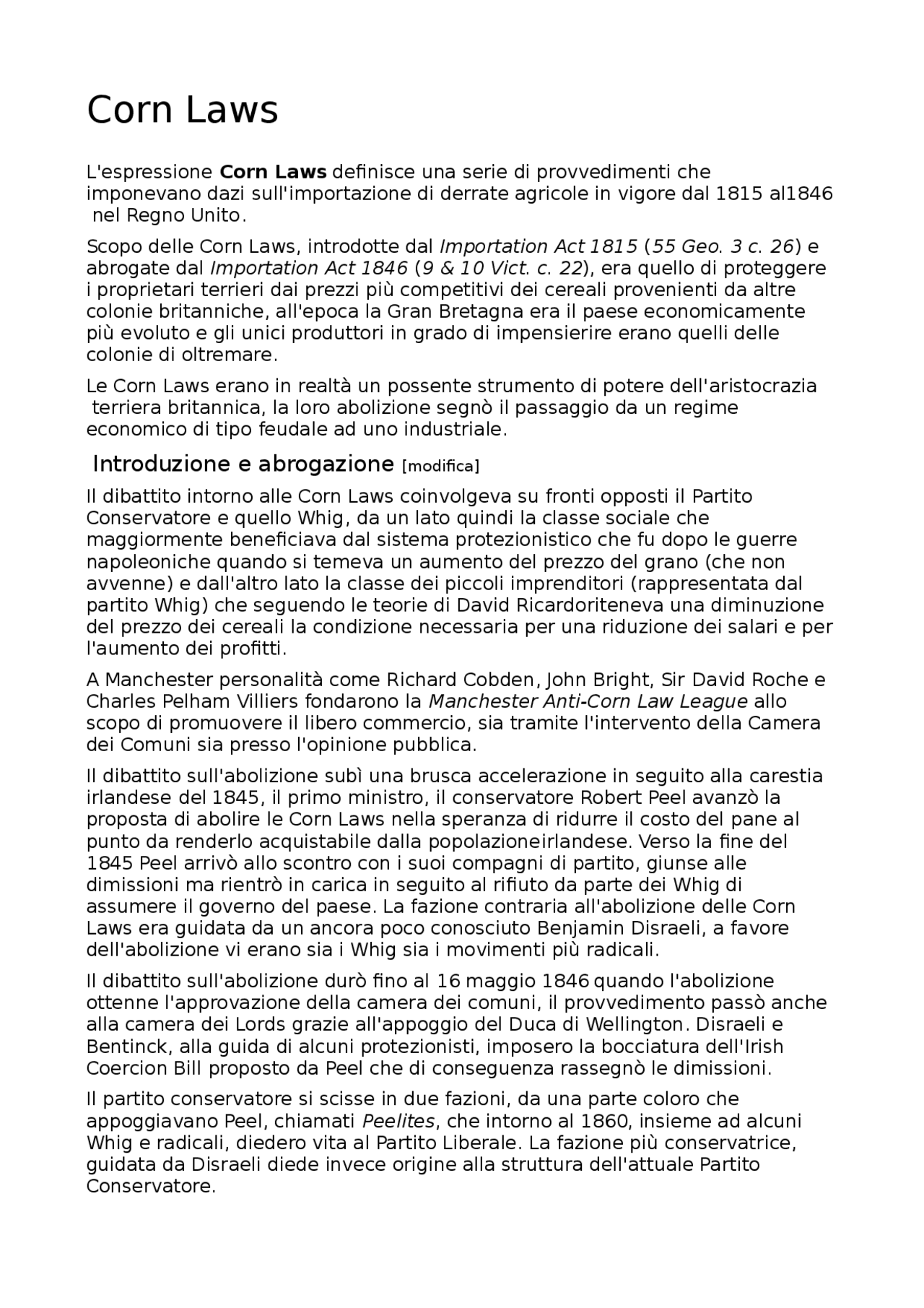 CORN LAWS | Appunti di Storia | Docsity