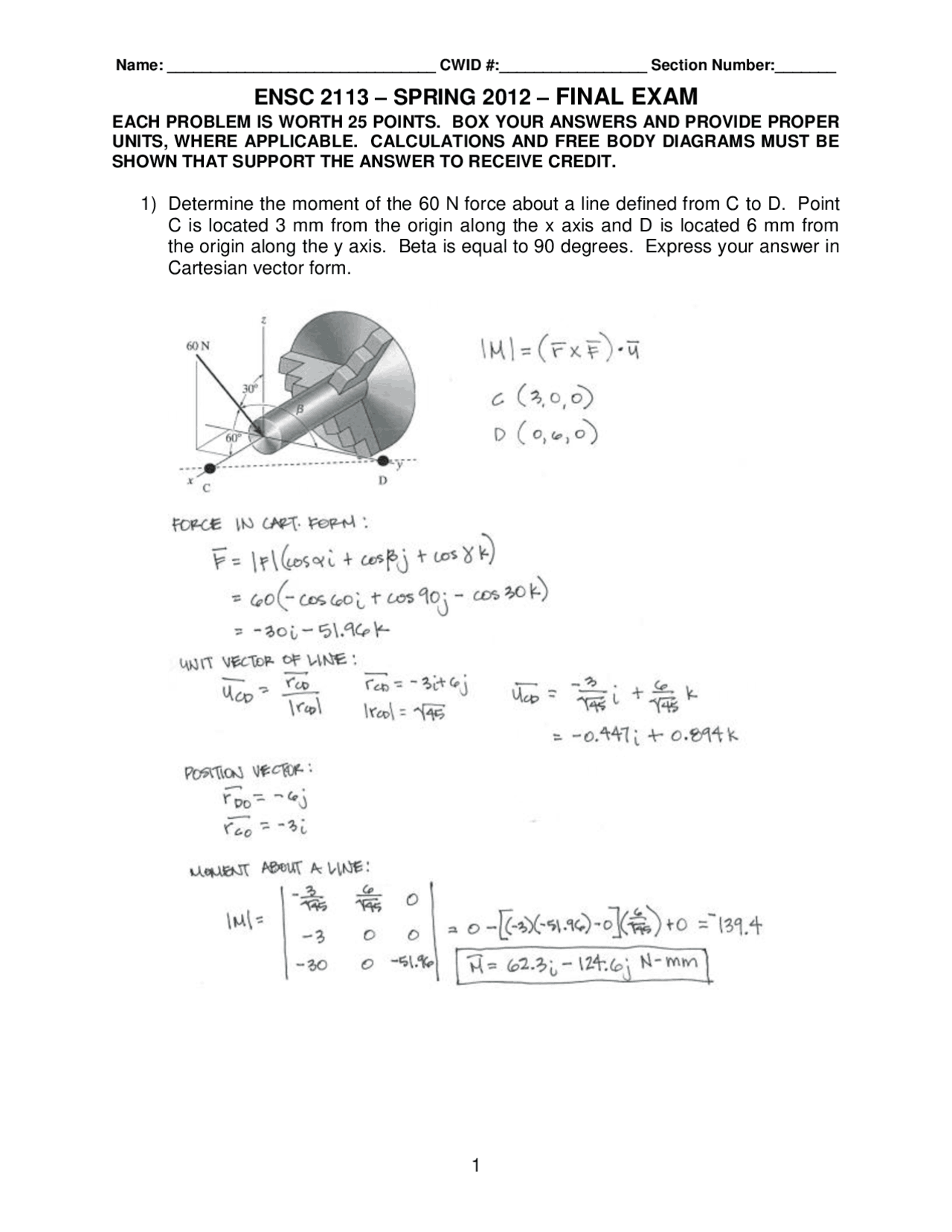 Final Exam Paper Statics Spring 2012 Ensc 2113 Docsity