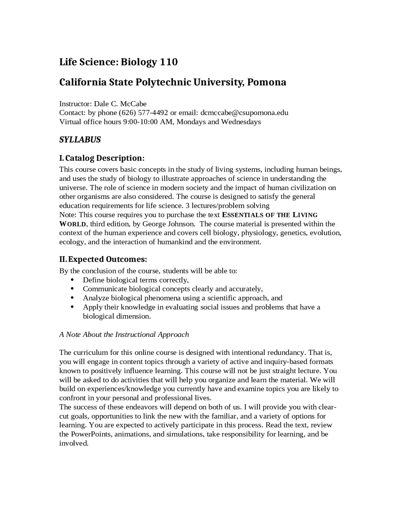 Introduction To Life Science Biology Syllabus Bio 110 Docsity