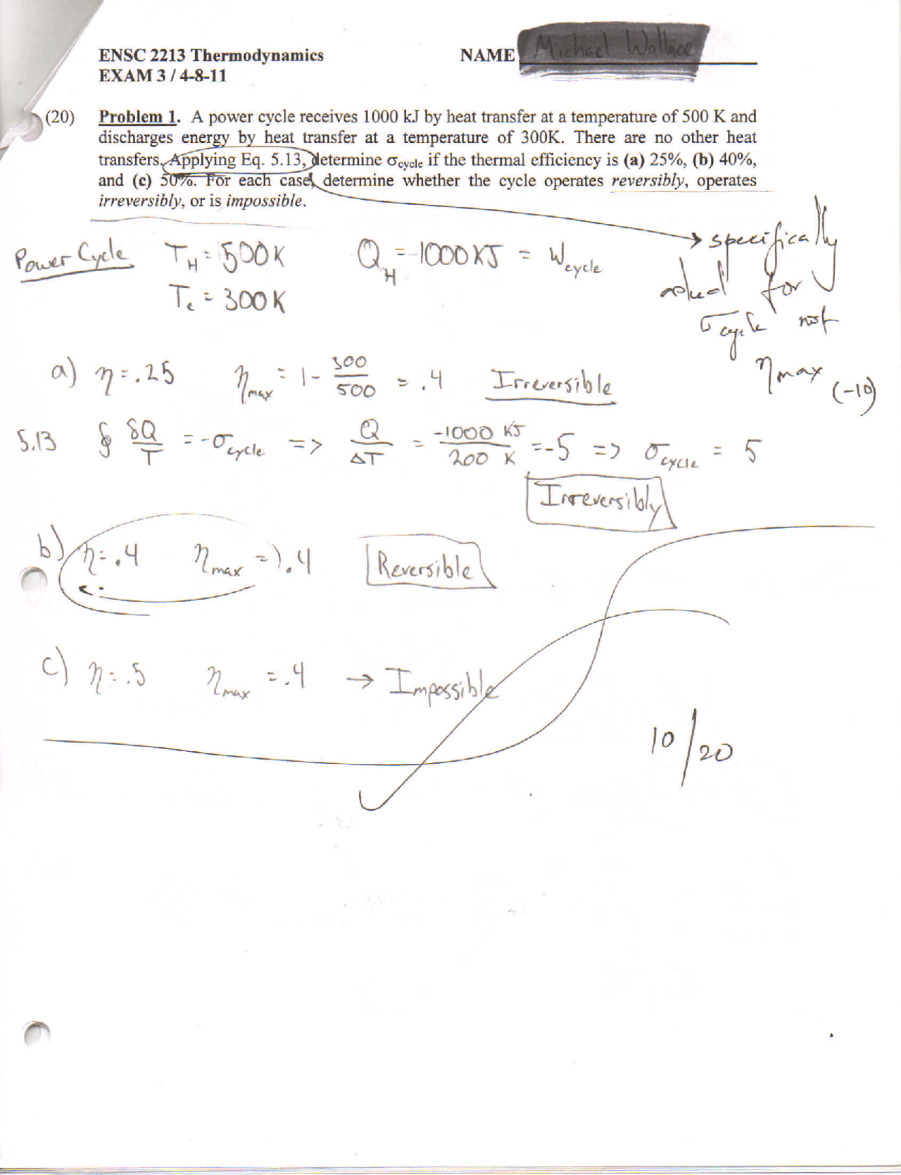 Thermodynamics Test Three Solved Ensc 2213 Docsity