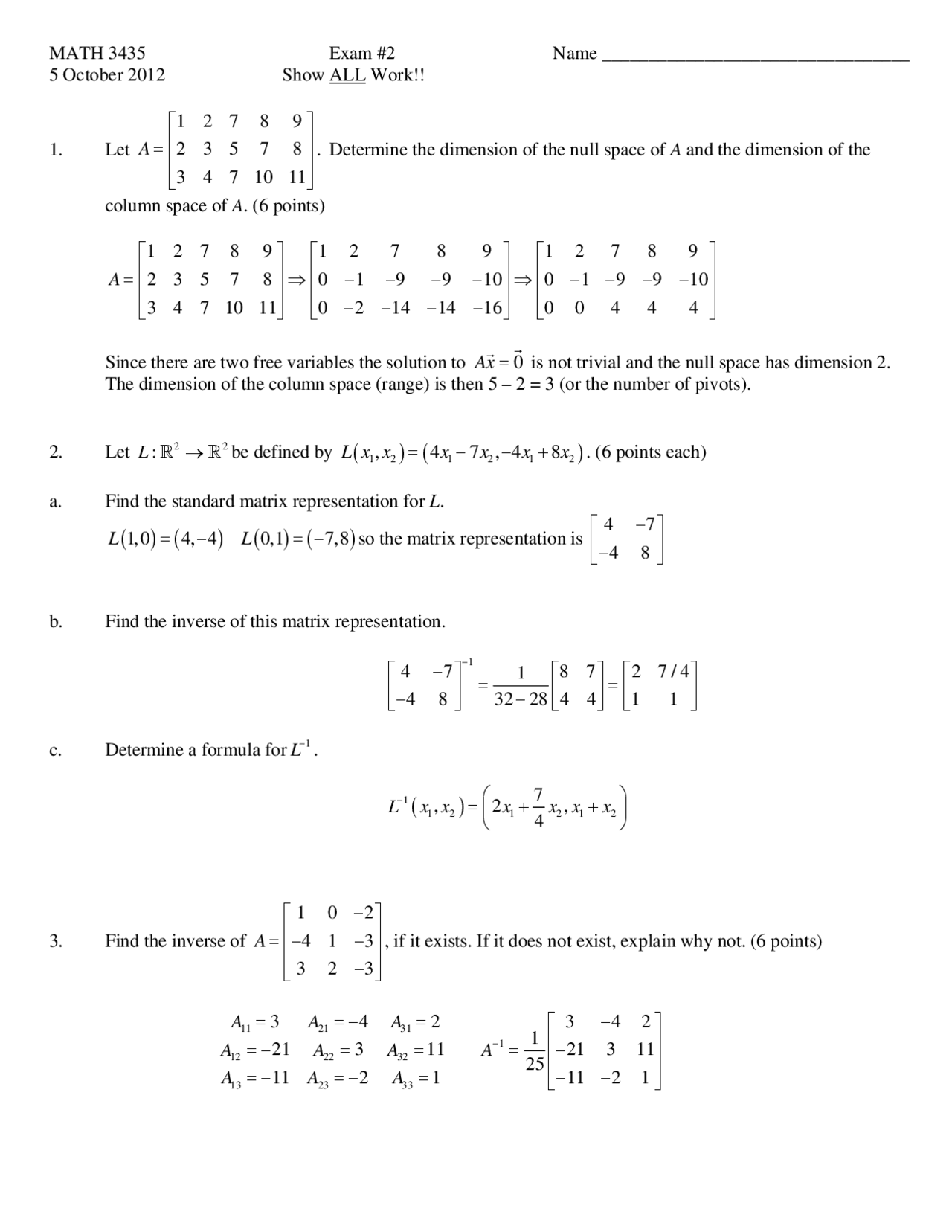 Exam 2 Questions Introductory Linear Algebra Math 3435 Docsity