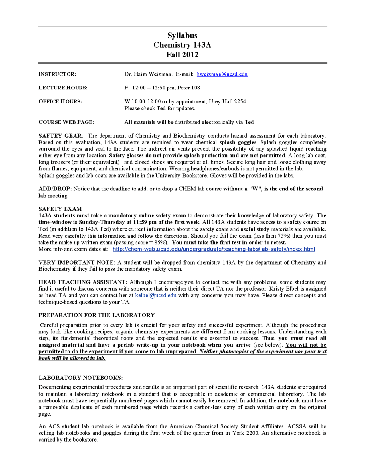 Course Syllabus On Organic Chemistry Laboratory Chem 143a Docsity