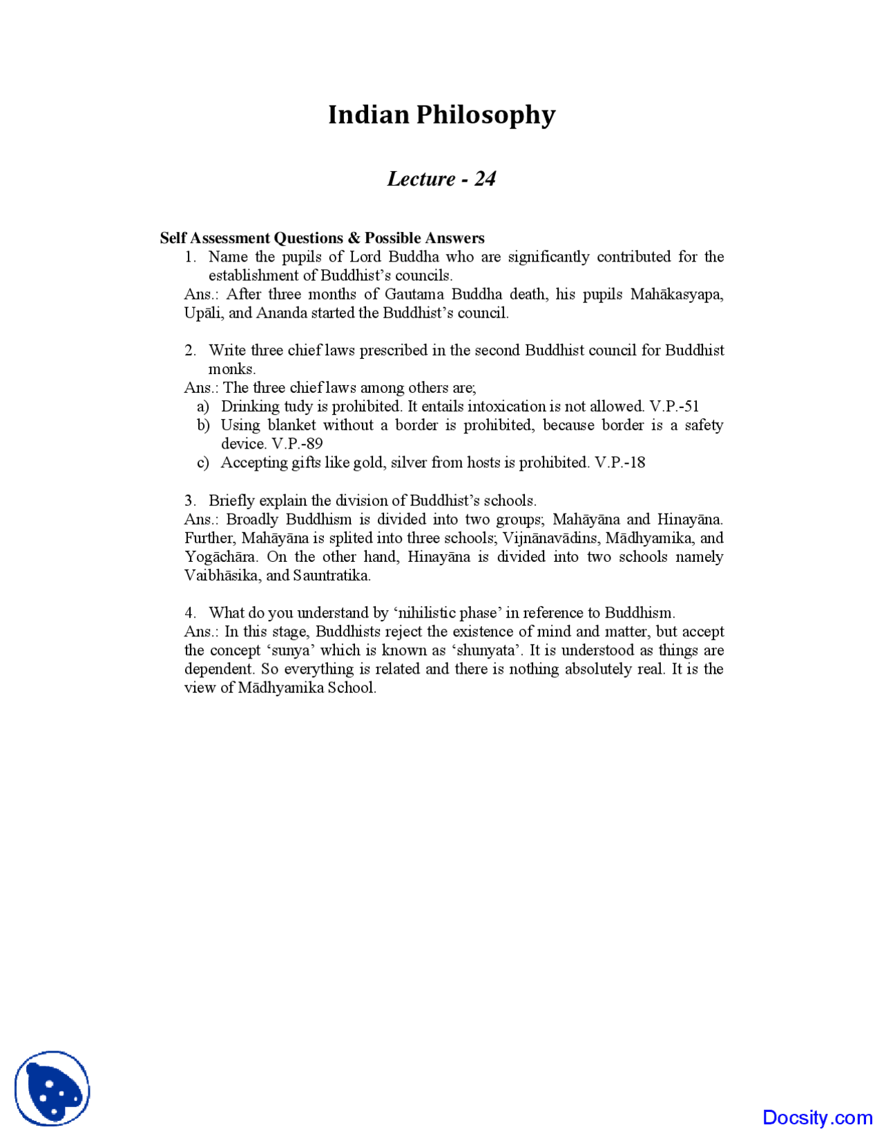 Buddhist Councils Indian Philosophy Solved Quiz Docsity