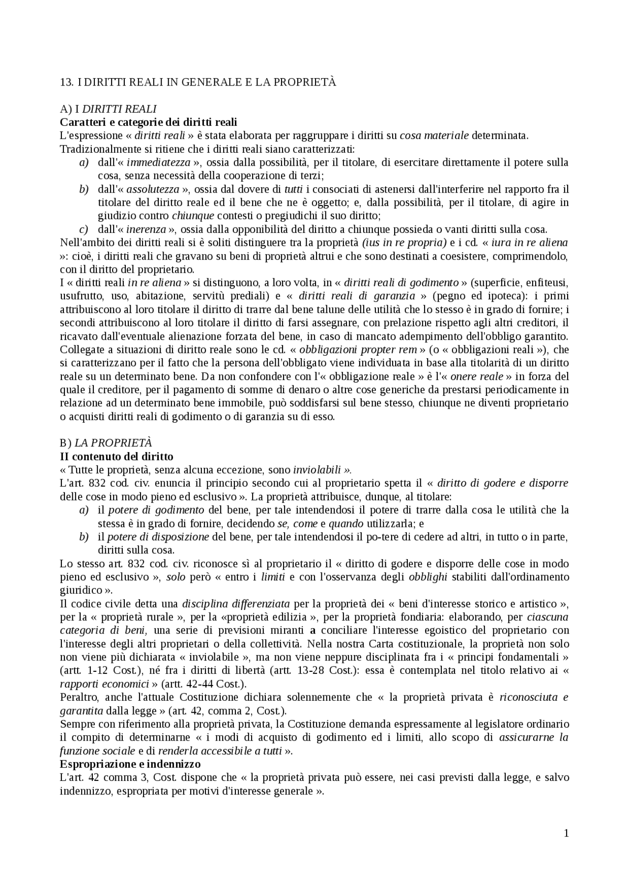 I Diritti Reali In Generale E La Proprietà Appunti Di Diritto Privato