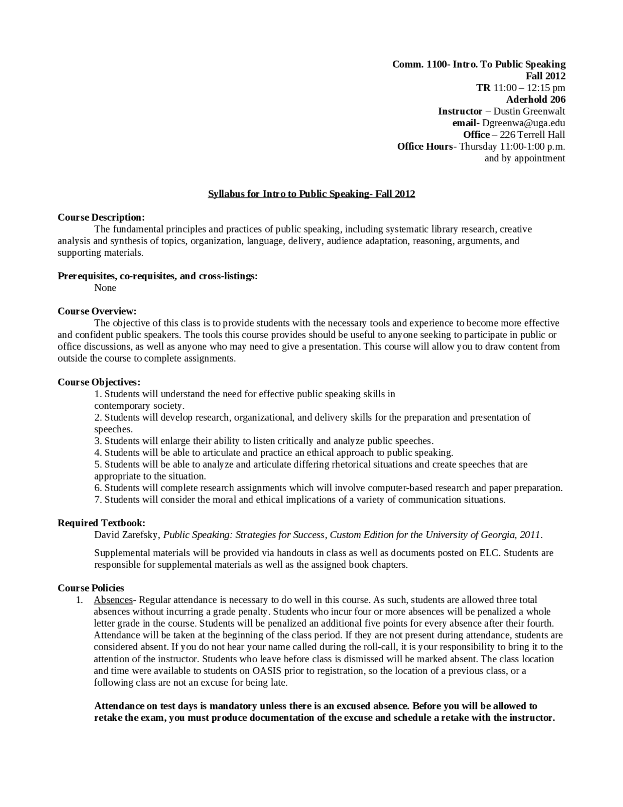 Introduction to Public Speaking - Syllabus | COMM 1100 - Docsity