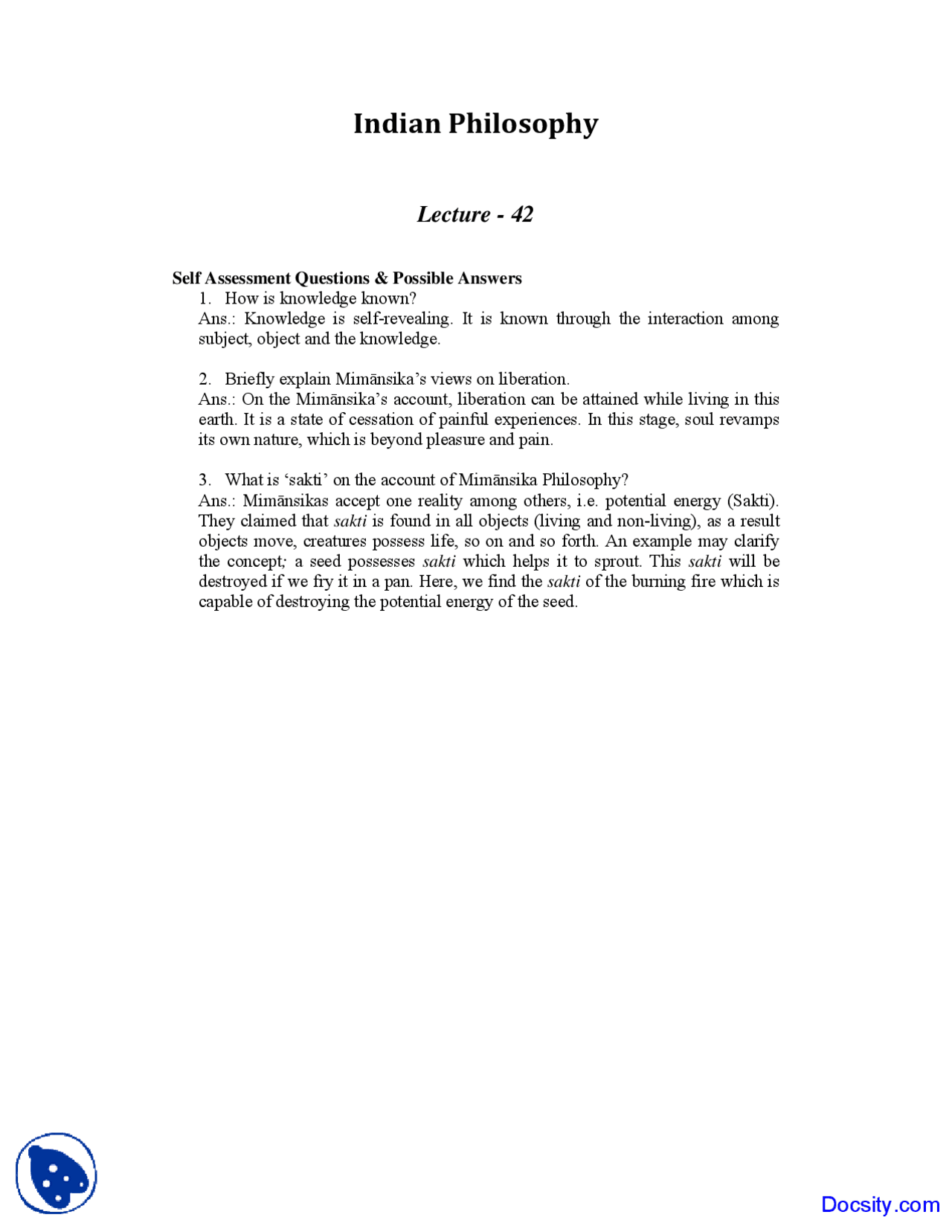 Liberation Indian Philosophy Solved Quiz Docsity