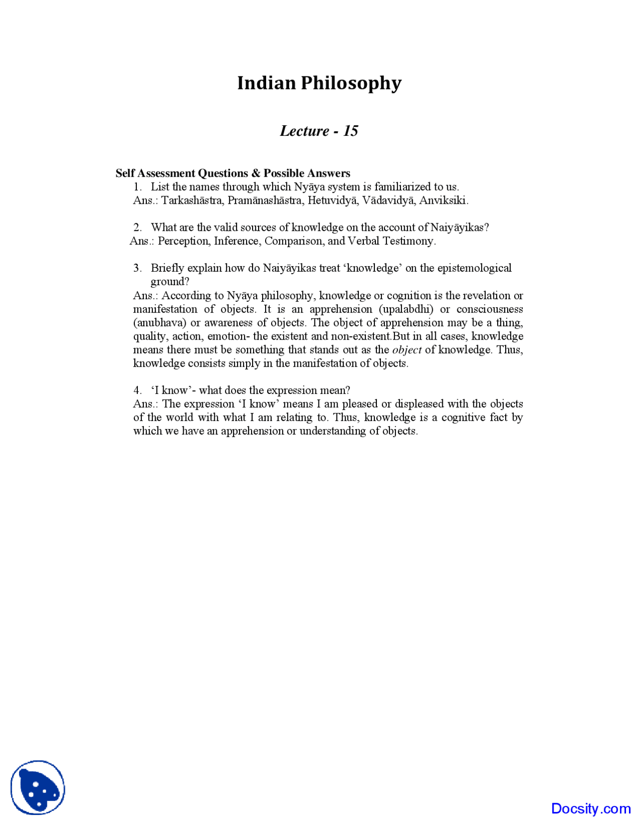 Naiyayikas Indian Philosophy Solved Quiz Docsity