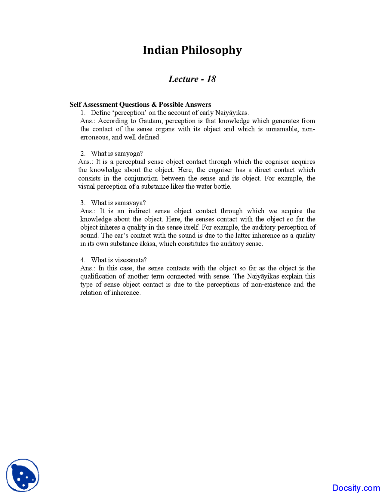 Perception Of Naiyayikas Indian Philosophy Solved Quiz Docsity