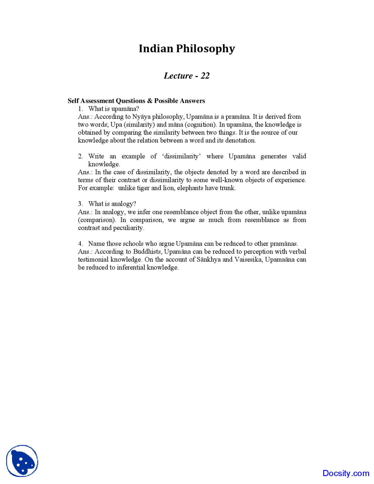 Upamana Indian Philosophy Solved Quiz Docsity