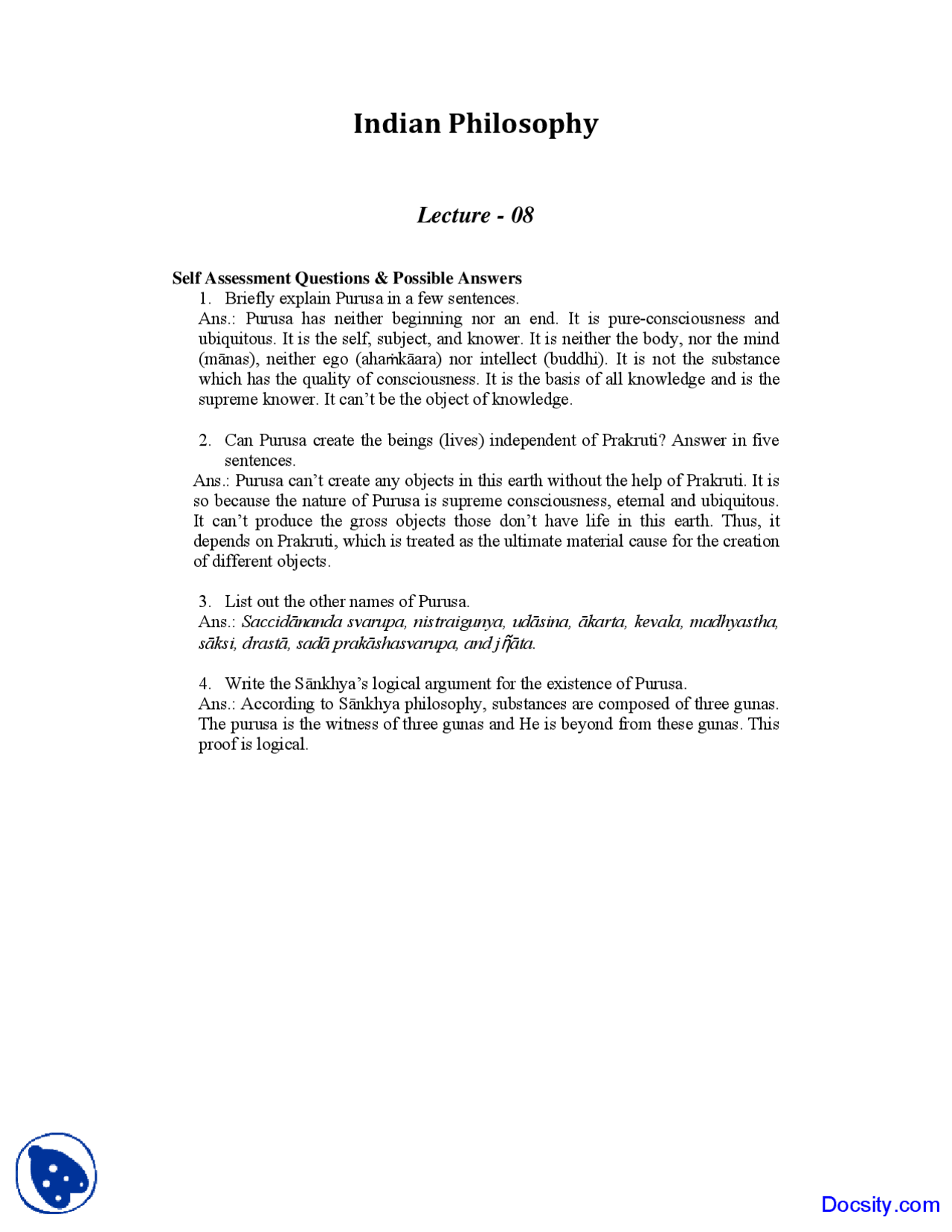 Purusa Indian Philosophy Solved Quiz Docsity