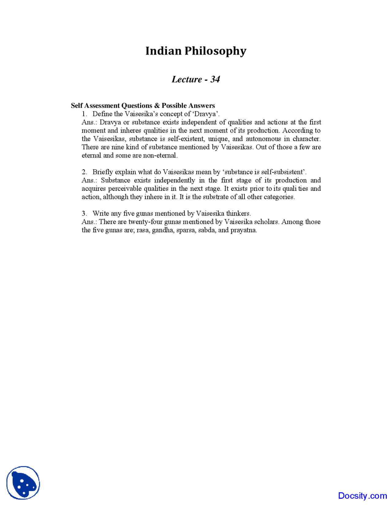 Dravya Indian Philosophy Solved Quiz Docsity