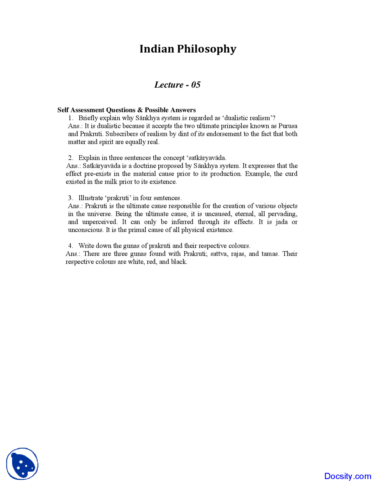Dualistic Realism Indian Philosophy Solved Quiz Docsity