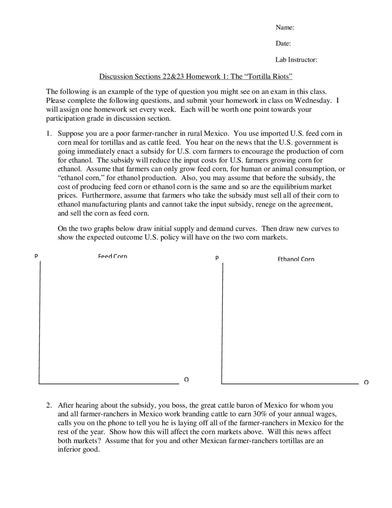 The Tortilla Riots - Notes for Homework 1 | ECON 1123 - Docsity