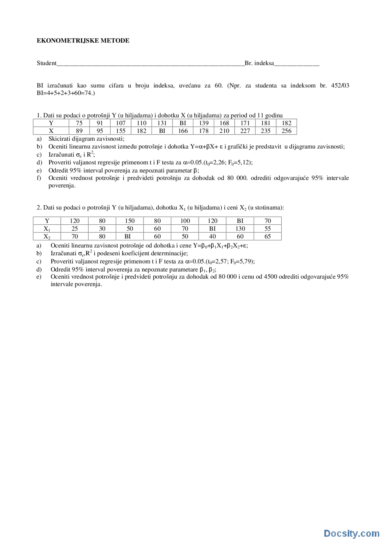Kolokvijum 1-Ispit-Ekonometrisjke metode-Fakultet organizacionih nauka | Ispiti' predlog ...