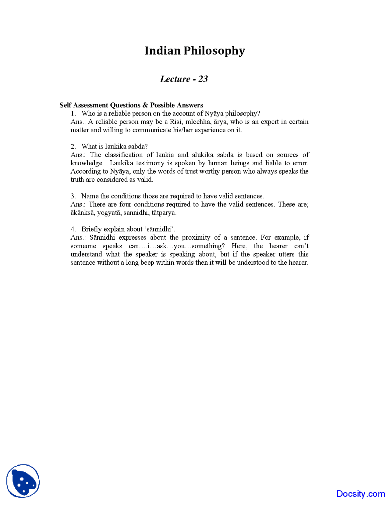 Nyaya Philosophy Indian Philosophy Solved Quiz Docsity
