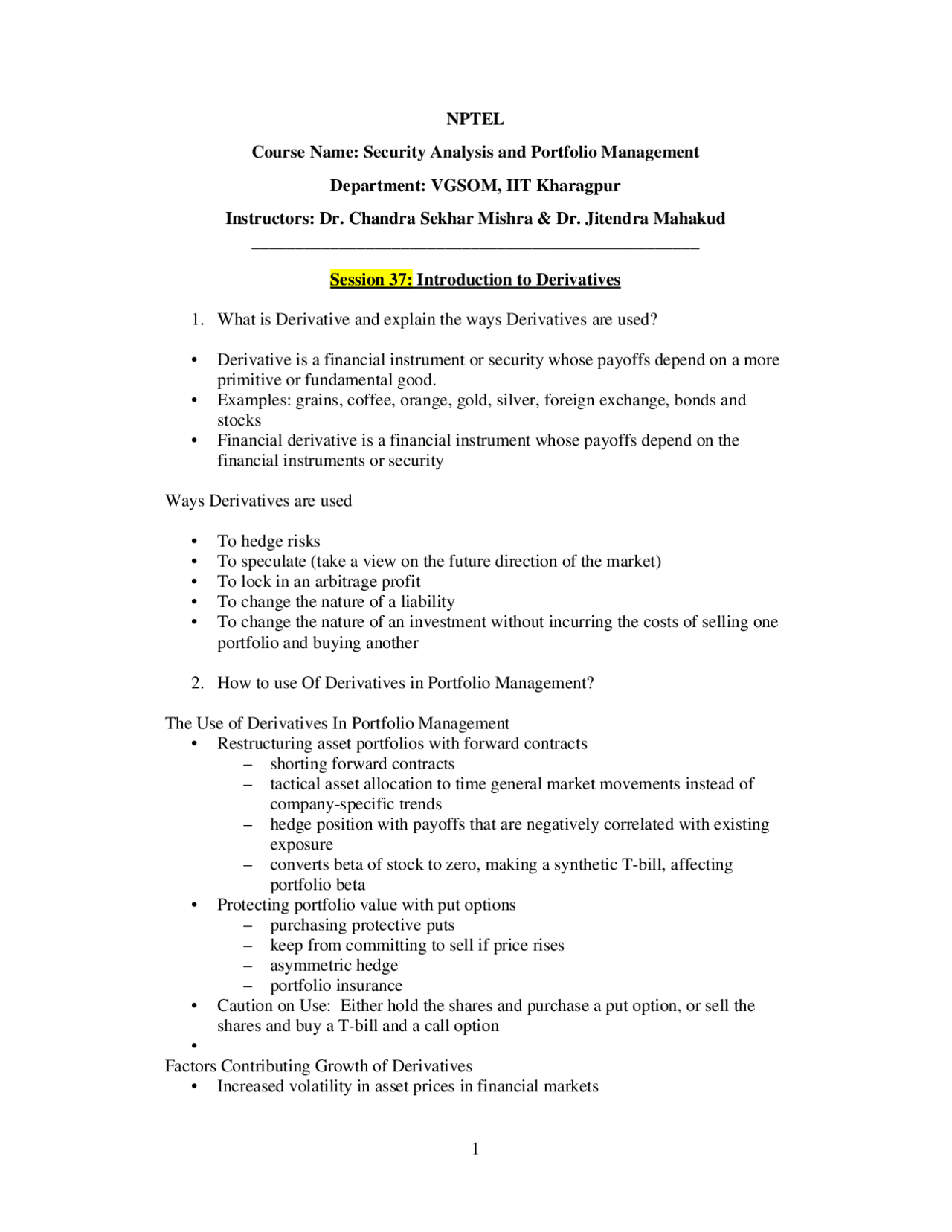 Introduction To Derivatives Security Analysis And Portfolio