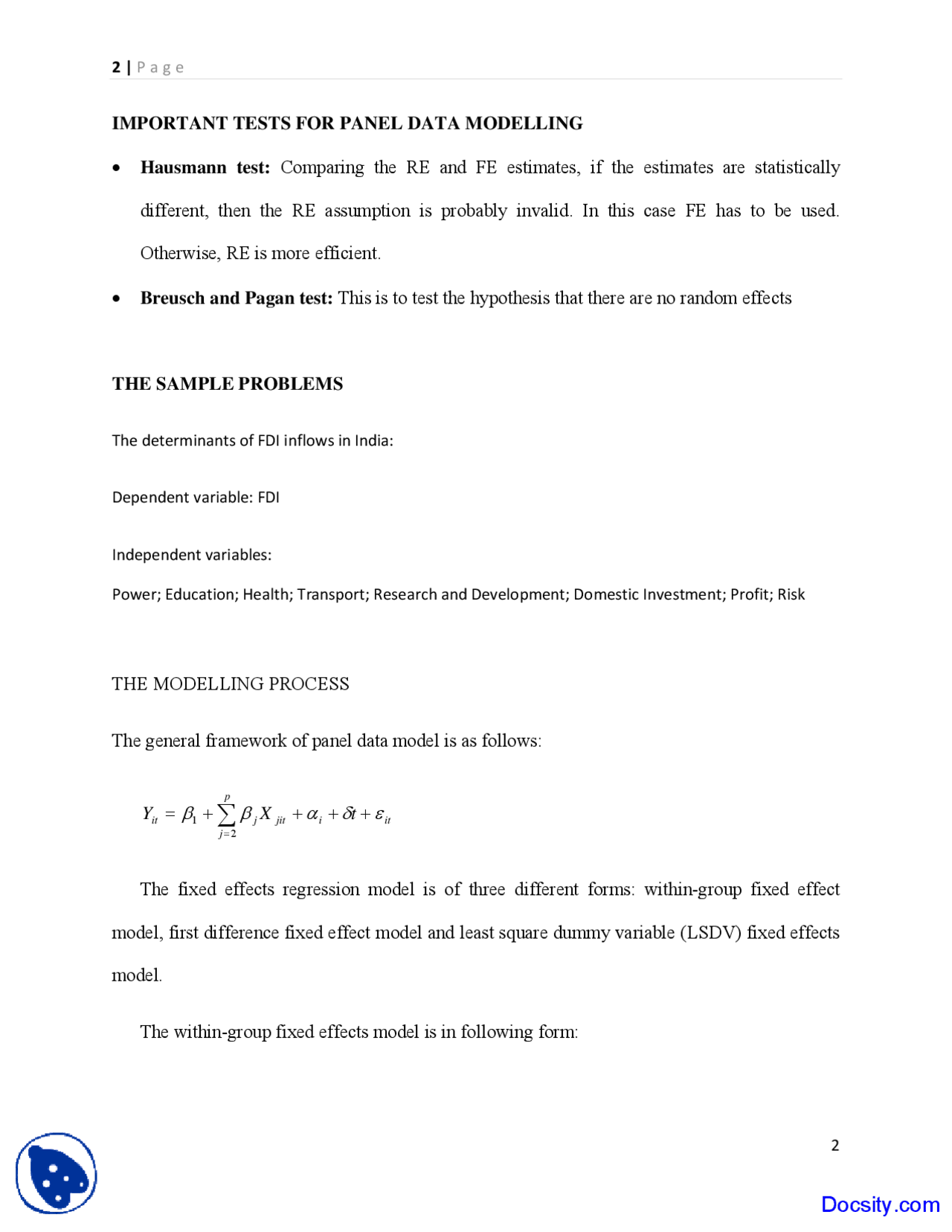 Tests For Panel Data Modeling Econometric Modeling Lecture Notes Docsity