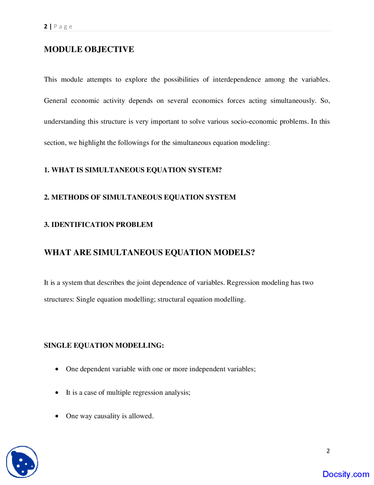 Simultaneous Equation Modeling Econometric Modeling Lecture Notes