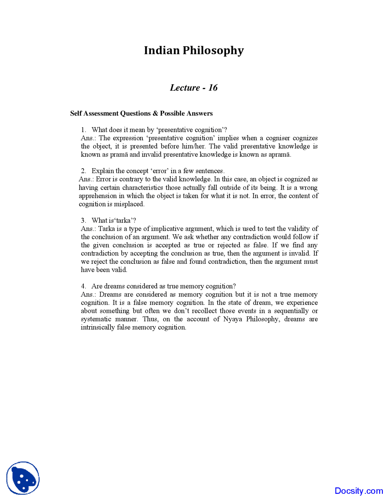 Presentative Cognition Indian Philosophy Solved Quiz Docsity