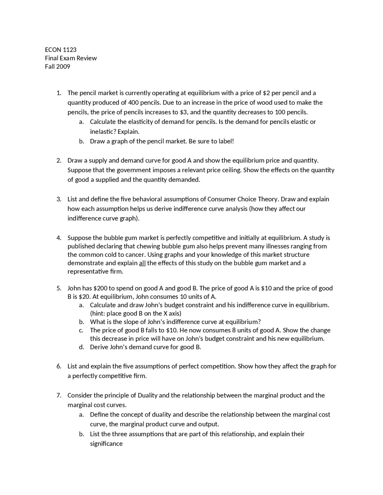 Final Exam Review for Principles of Microeconomics | ECON 1123 - Docsity