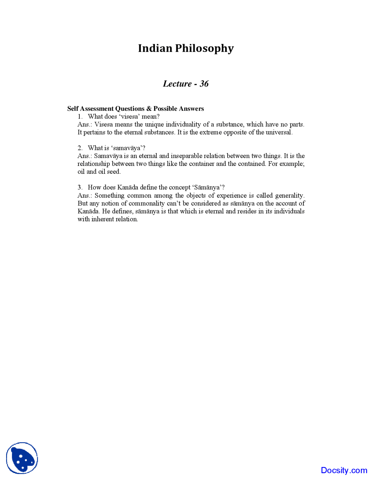 Visesa Indian Philosophy Solved Quiz Docsity