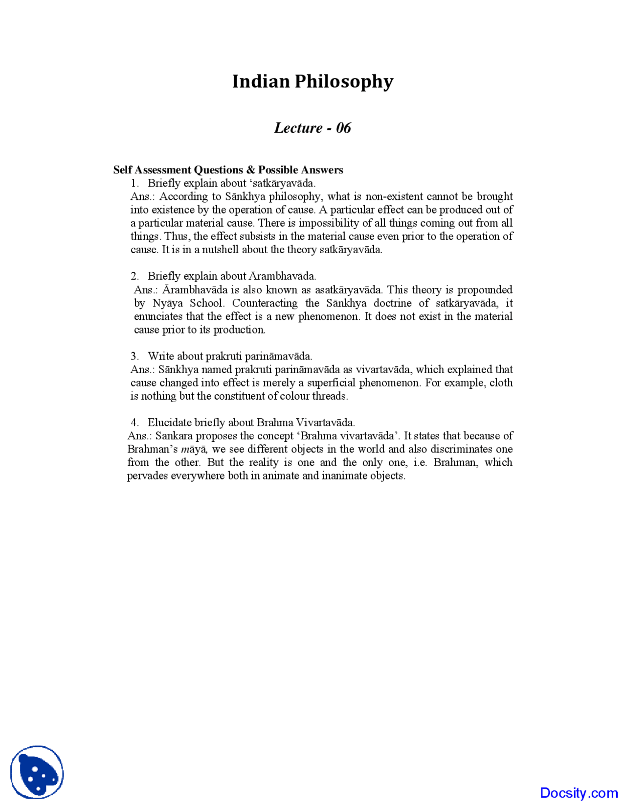 Satkaryavada Indian Philosophy Solved Quiz Docsity
