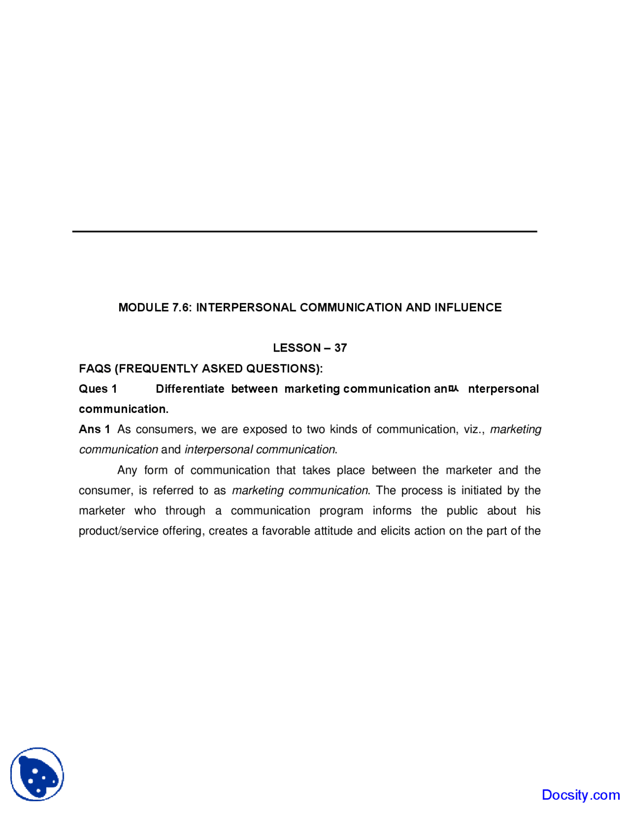 Interpersonal Communication Consumer Behavior Solved Quiz