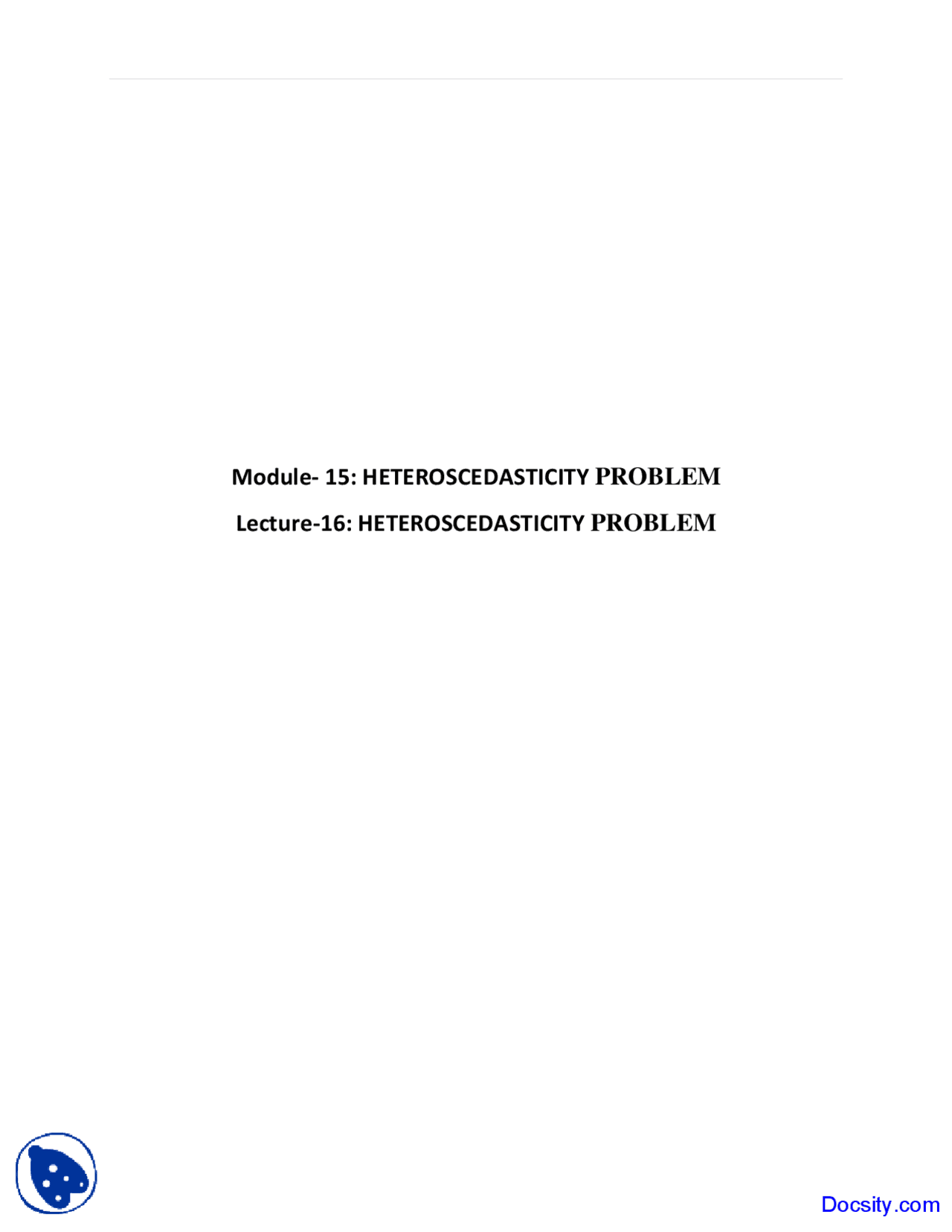 Heteroscedasticity Problem Econometric Modeling Lecture Notes Docsity