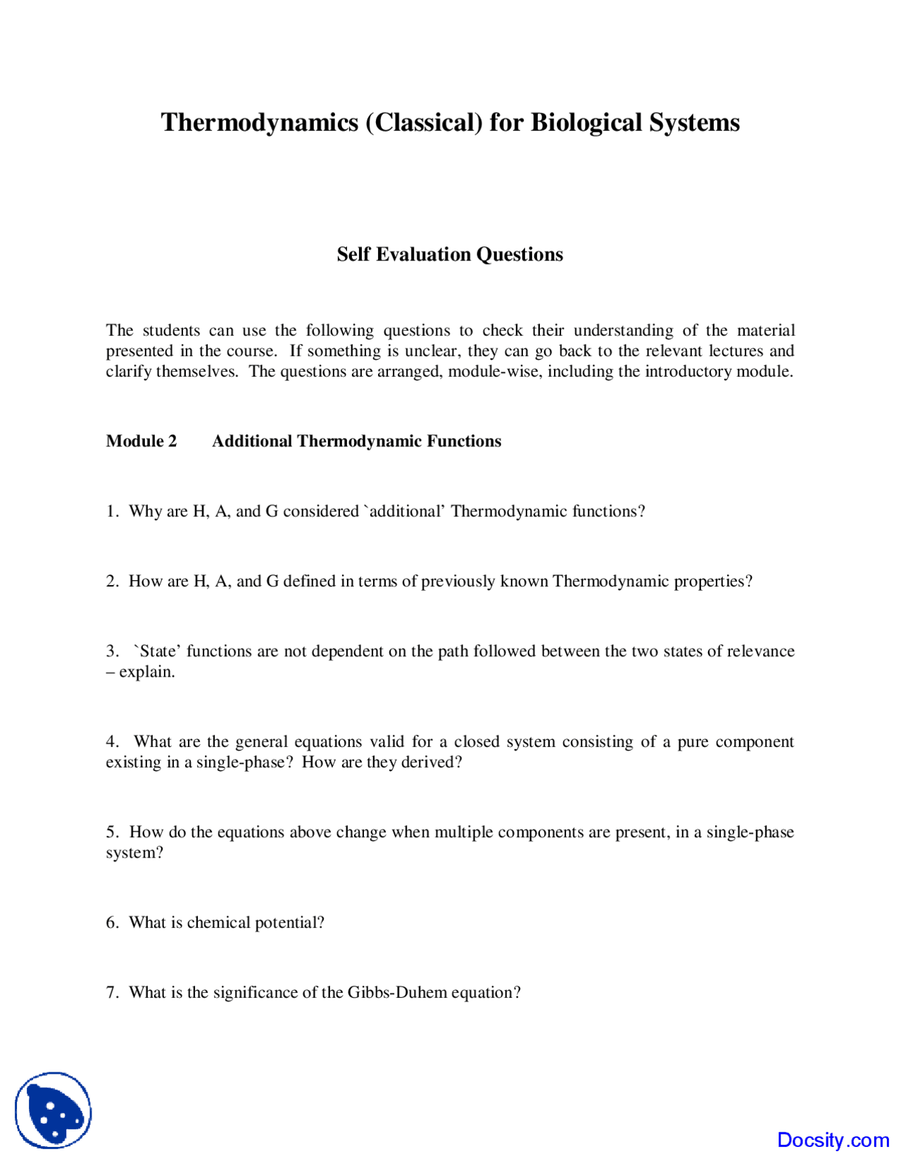 Additional Thermodynamic Functions Thermodynamics Quiz Docsity