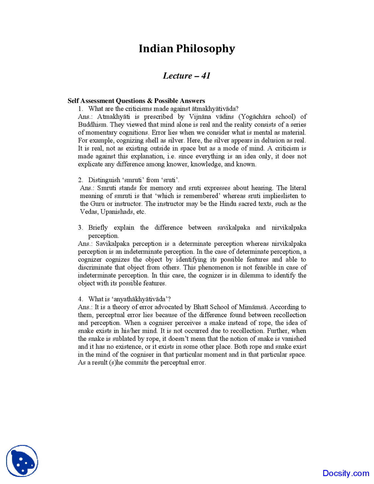 Atmakhyativada Indian Philosophy Solved Quiz Docsity