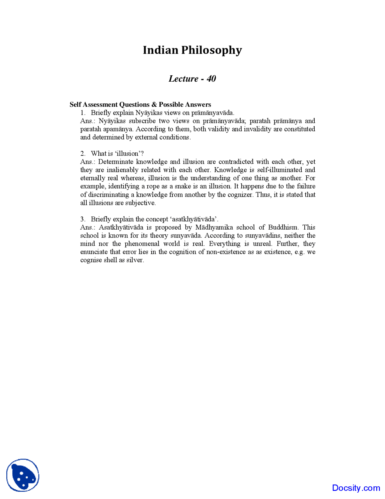 Pramanyavada Indian Philosophy Solved Quiz Exercises Indian