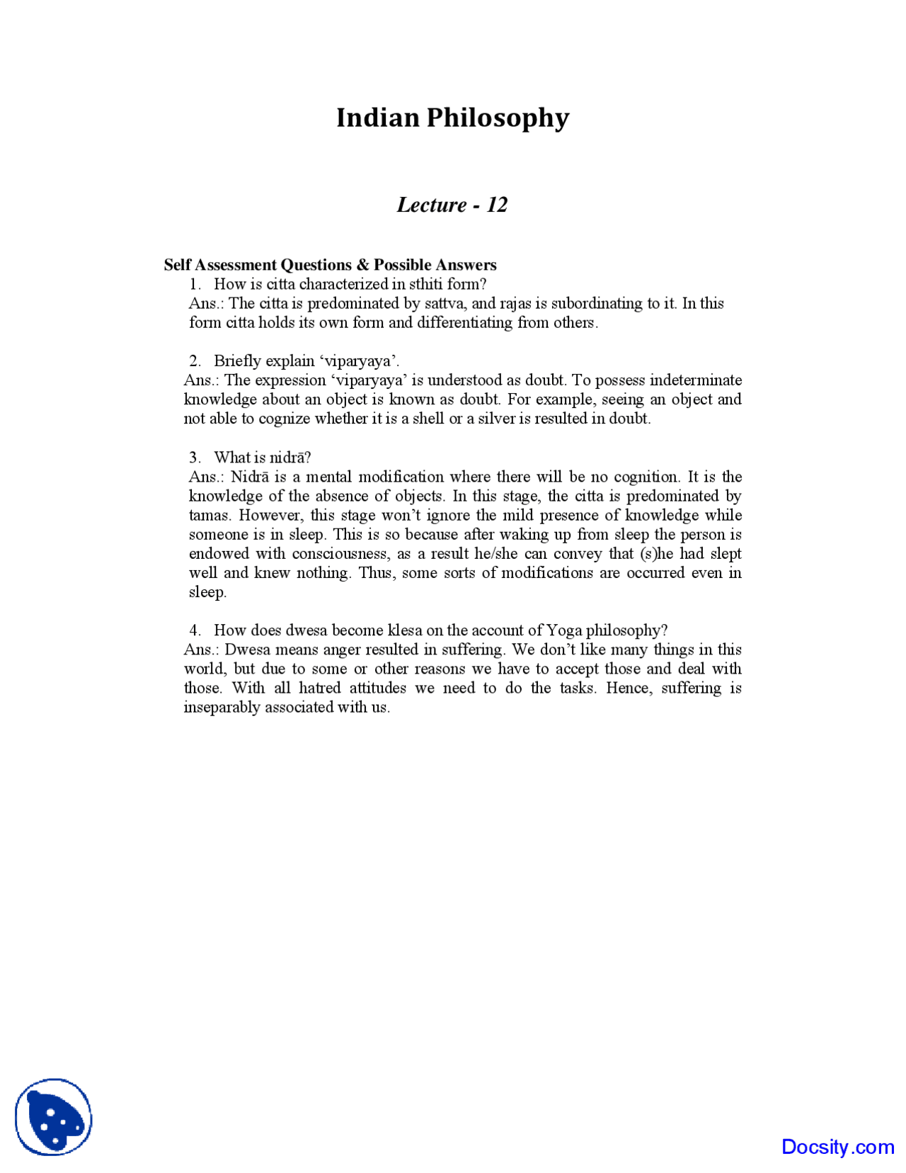Sthiti Indian Philosophy Solved Quiz Docsity
